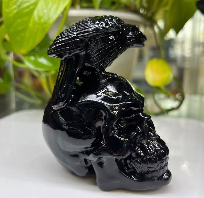 Obsidian Skull & Raven Figurine – Seraphic Crystal